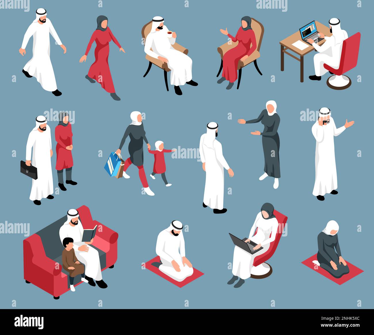 Isometric arab muslim family icon set with isolated human characters of ...