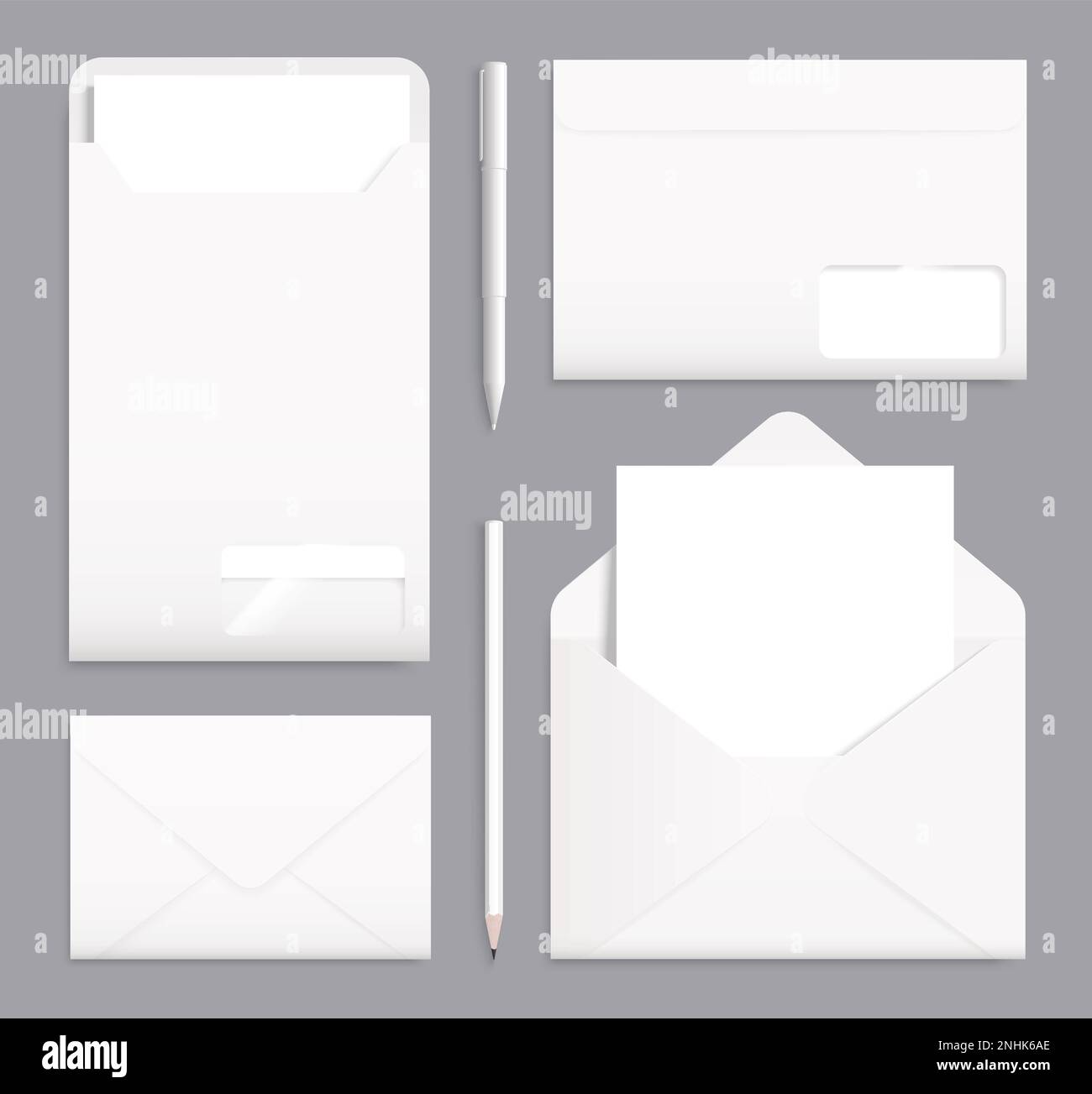 Realistic mock up of opened and taped envelopes with nested sheets of paper isolated on grey ...