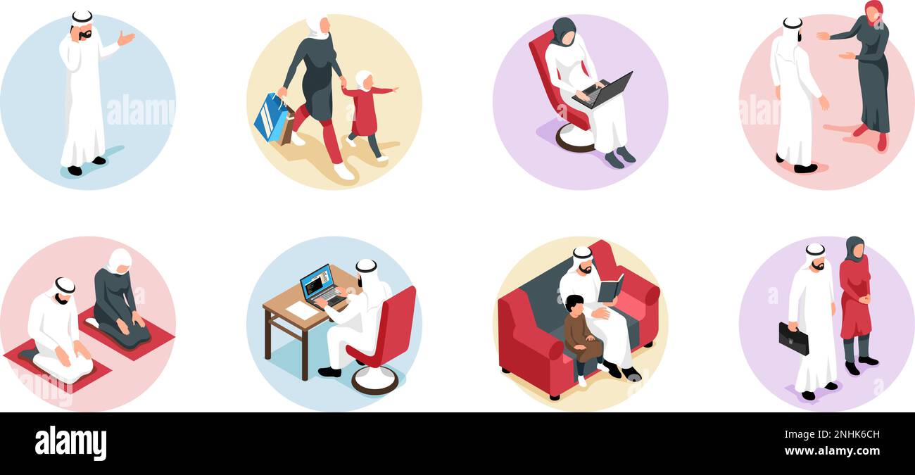 Set with eight isolated arab compositions with isometric human ...