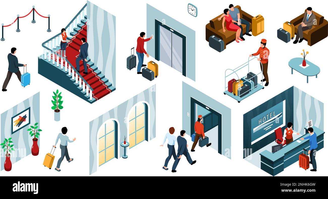 Isometric hotel people color set with isolated icons of interior ...