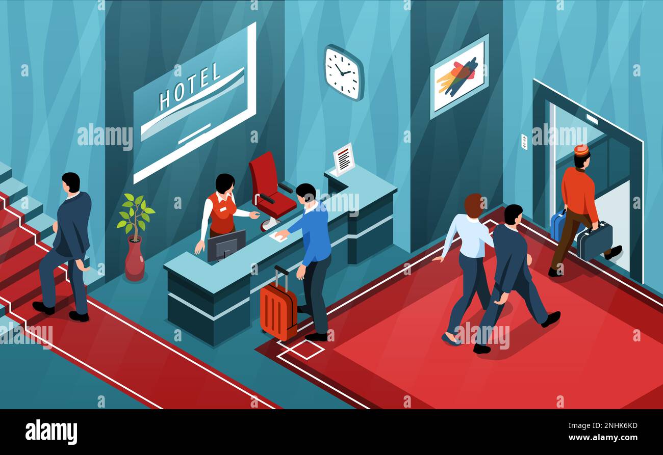 Isometric hotel lobby composition with indoor view of people at ...