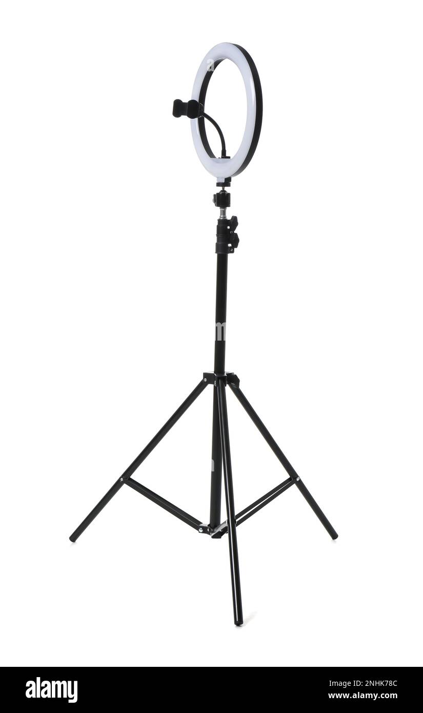 Modern tripod with ring light isolated on white Stock Photo - Alamy