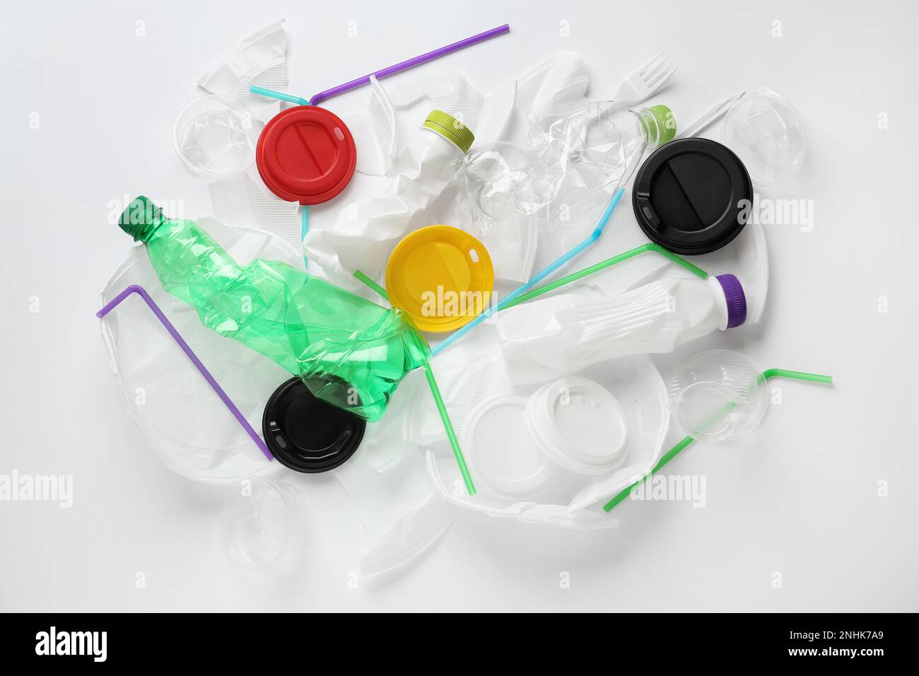 Pile of different plastic items on white background, flat lay Stock ...