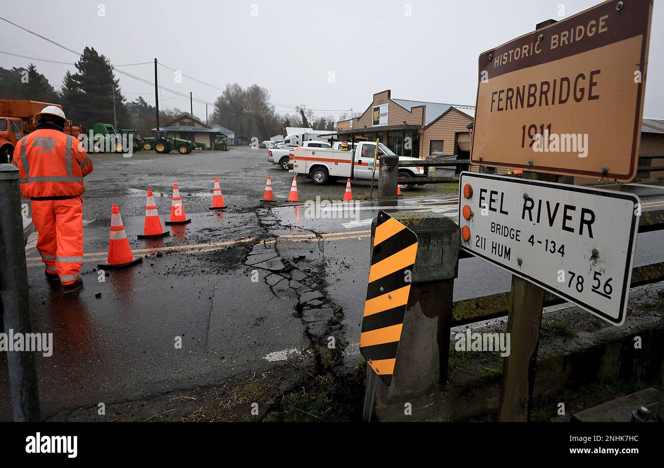 Caltrans workers inspect Fernbridge, the main arterial that connects ...