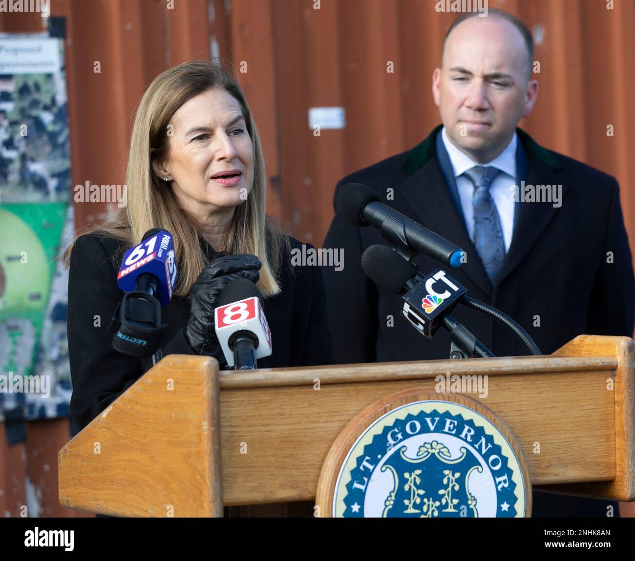 Connecticut Lt. Gov. Susan Bysiewicz speaks next to Meriden Mayor Kevin ...