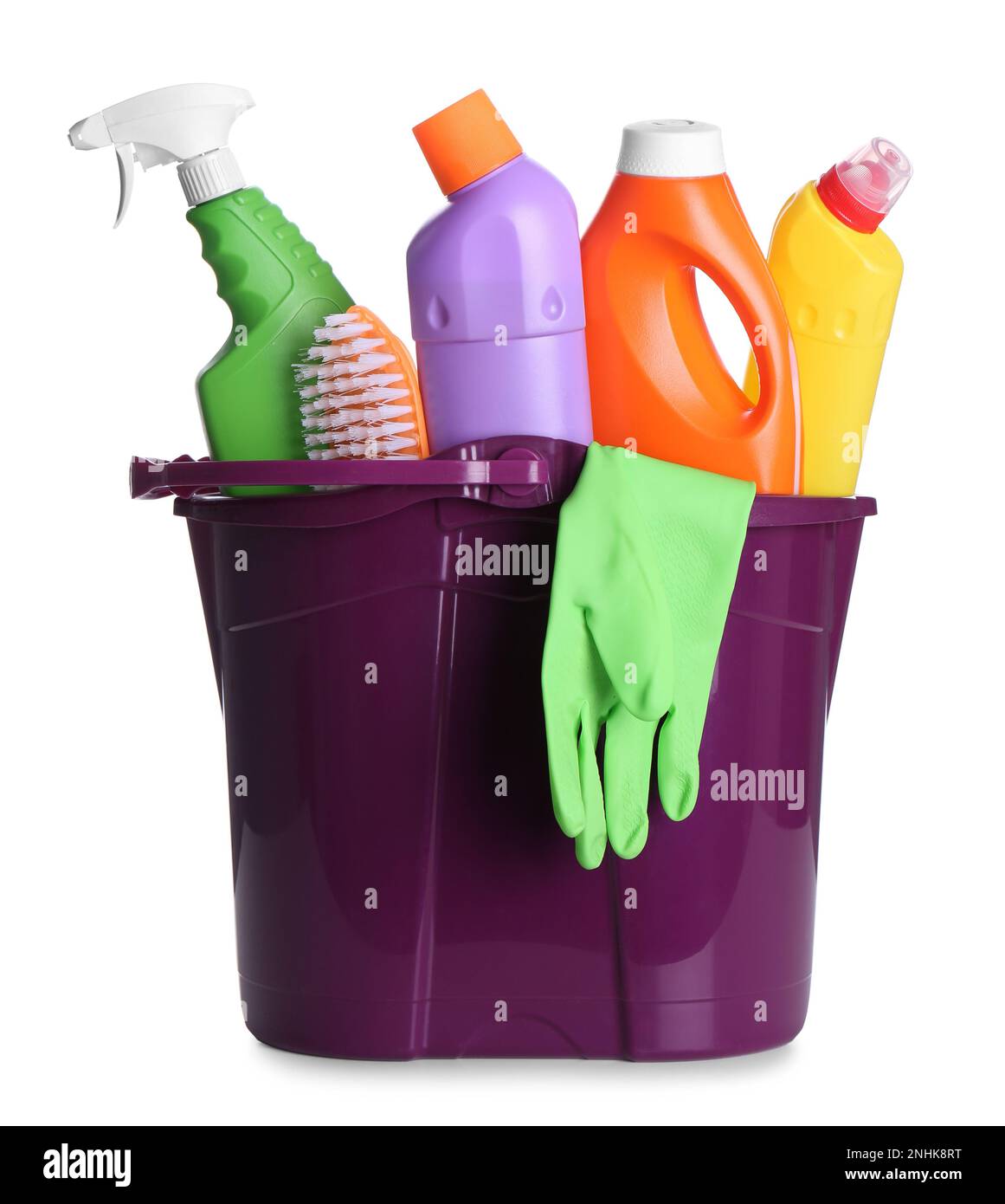 Plastic bucket with cleaning supplies isolated on white Stock Photo - Alamy
