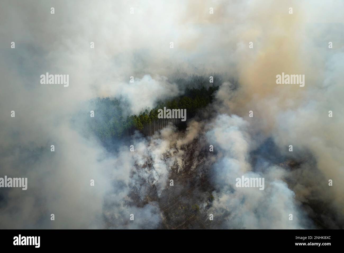 View from above of dense smoke from woodland and field on fire rising ...