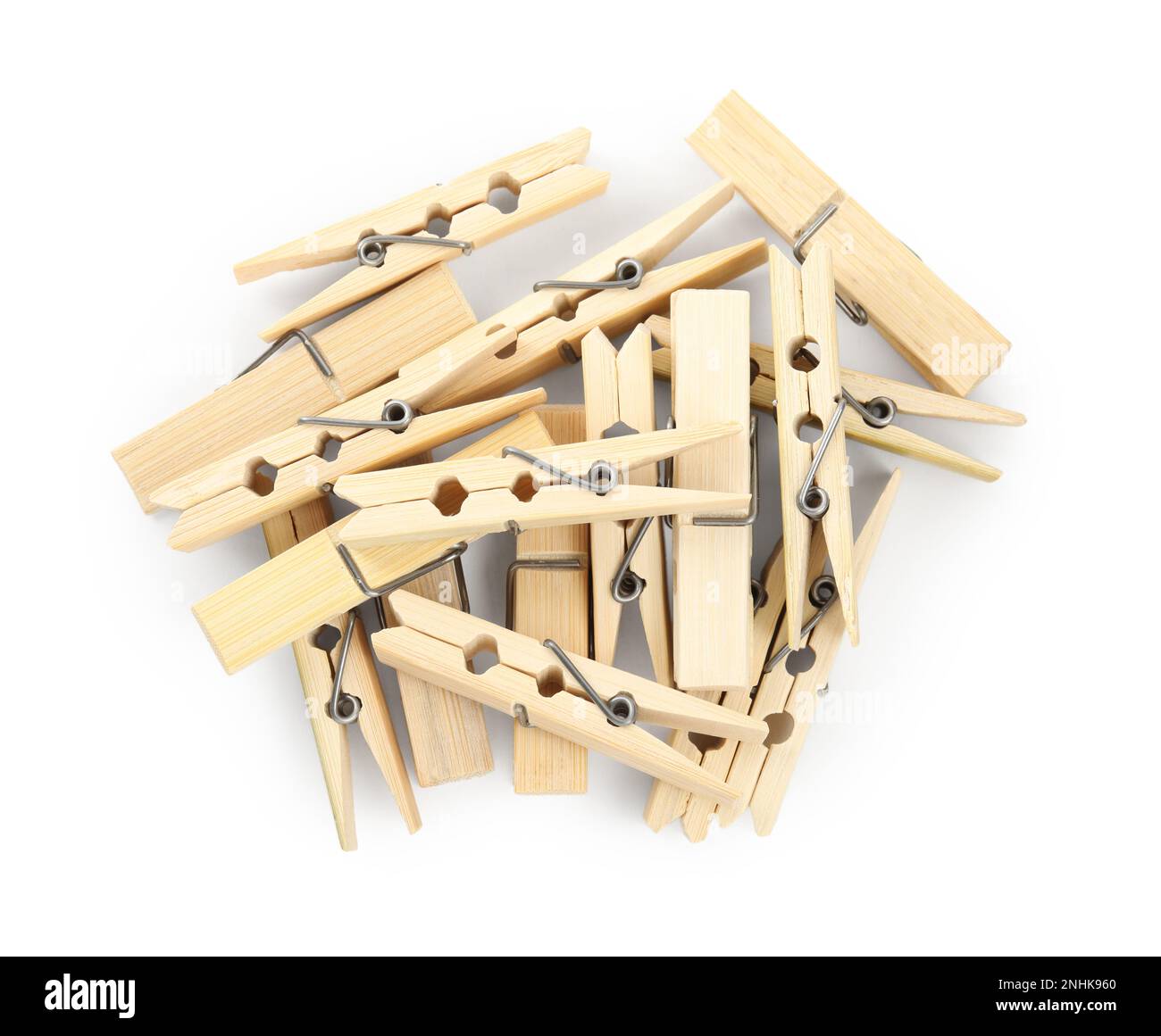 Pile of wooden clothespins on white background, top view Stock Photo ...