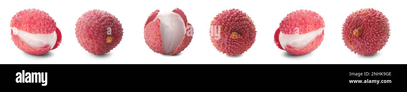 Set with tasty ripe lychee fruits on white background. Banner design ...