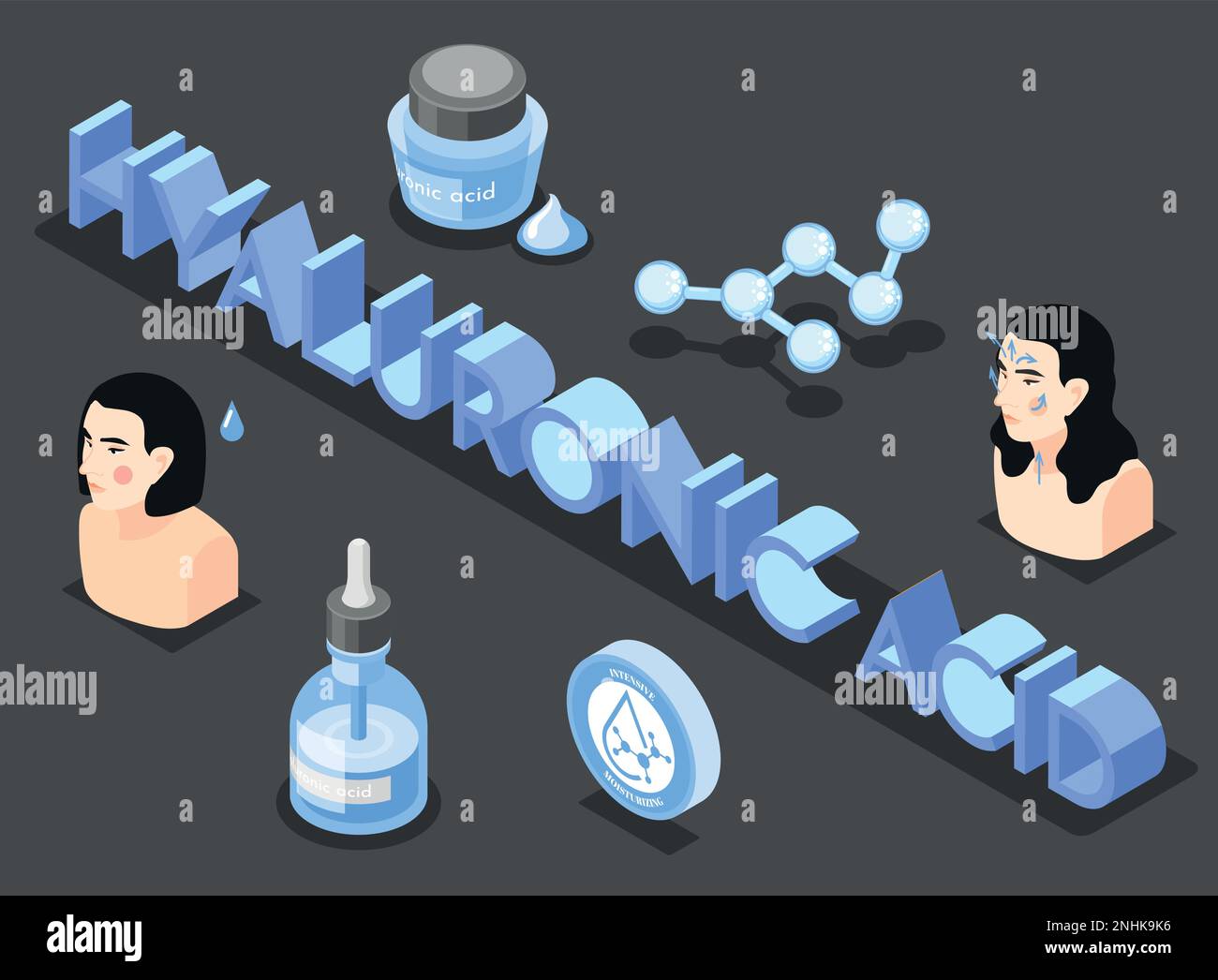 Hyaluronic acid isometric background with composition of 3d text female ...