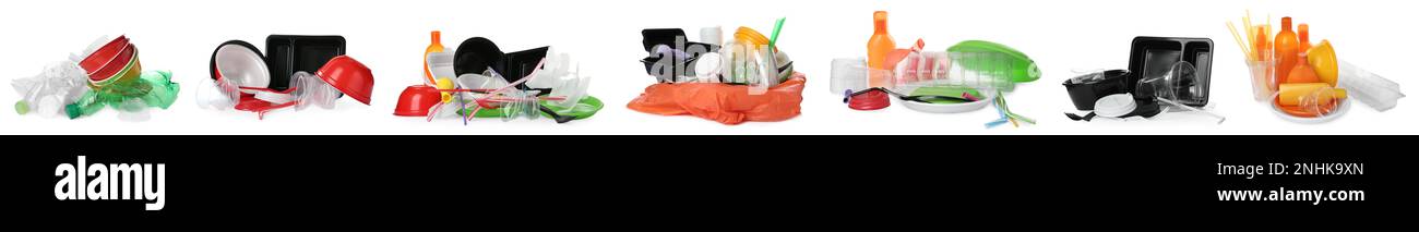 Set with different plastic items on white background. Banner design ...
