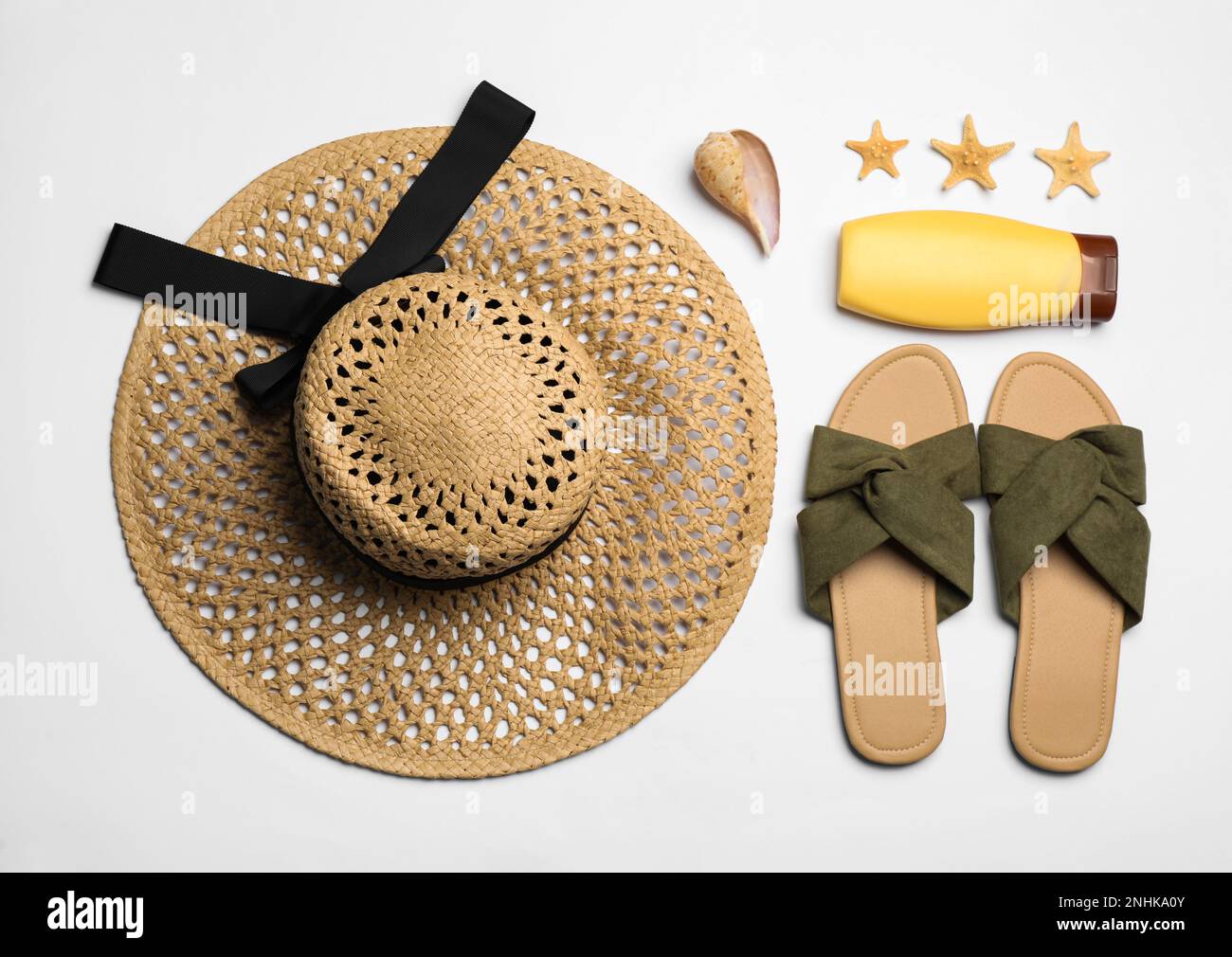 Flat lay composition with beach objects on white background Stock Photo ...