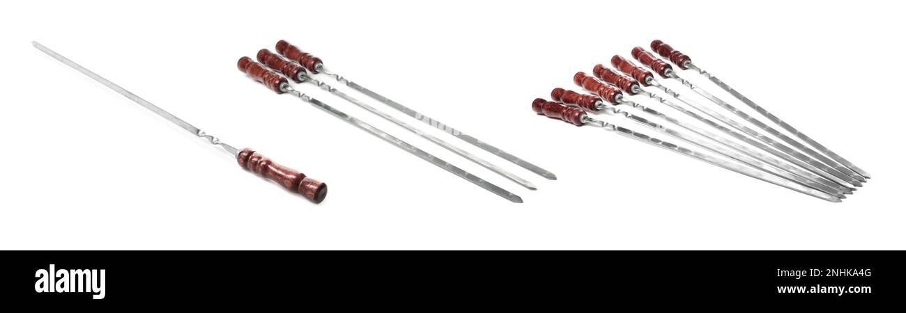 Set with metal skewers on white background. Banner design Stock Photo ...