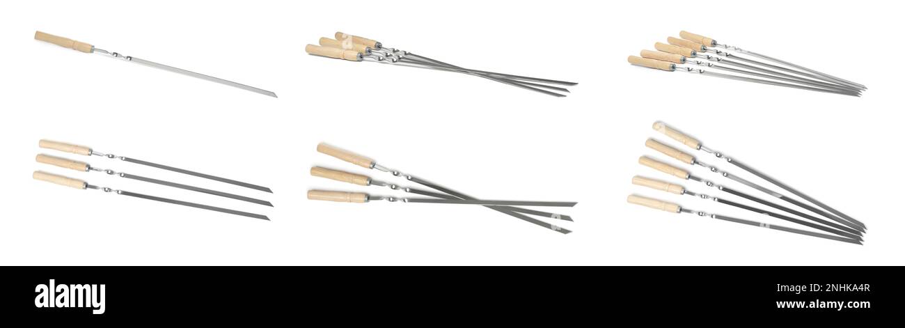 Set with metal skewers on white background. Banner design Stock Photo ...