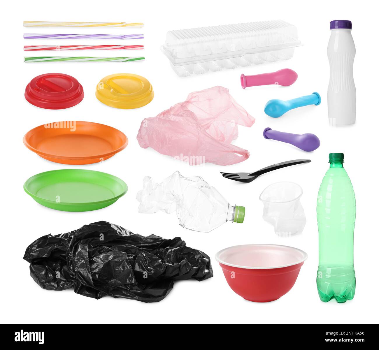 Set with different plastic items on white background Stock Photo - Alamy