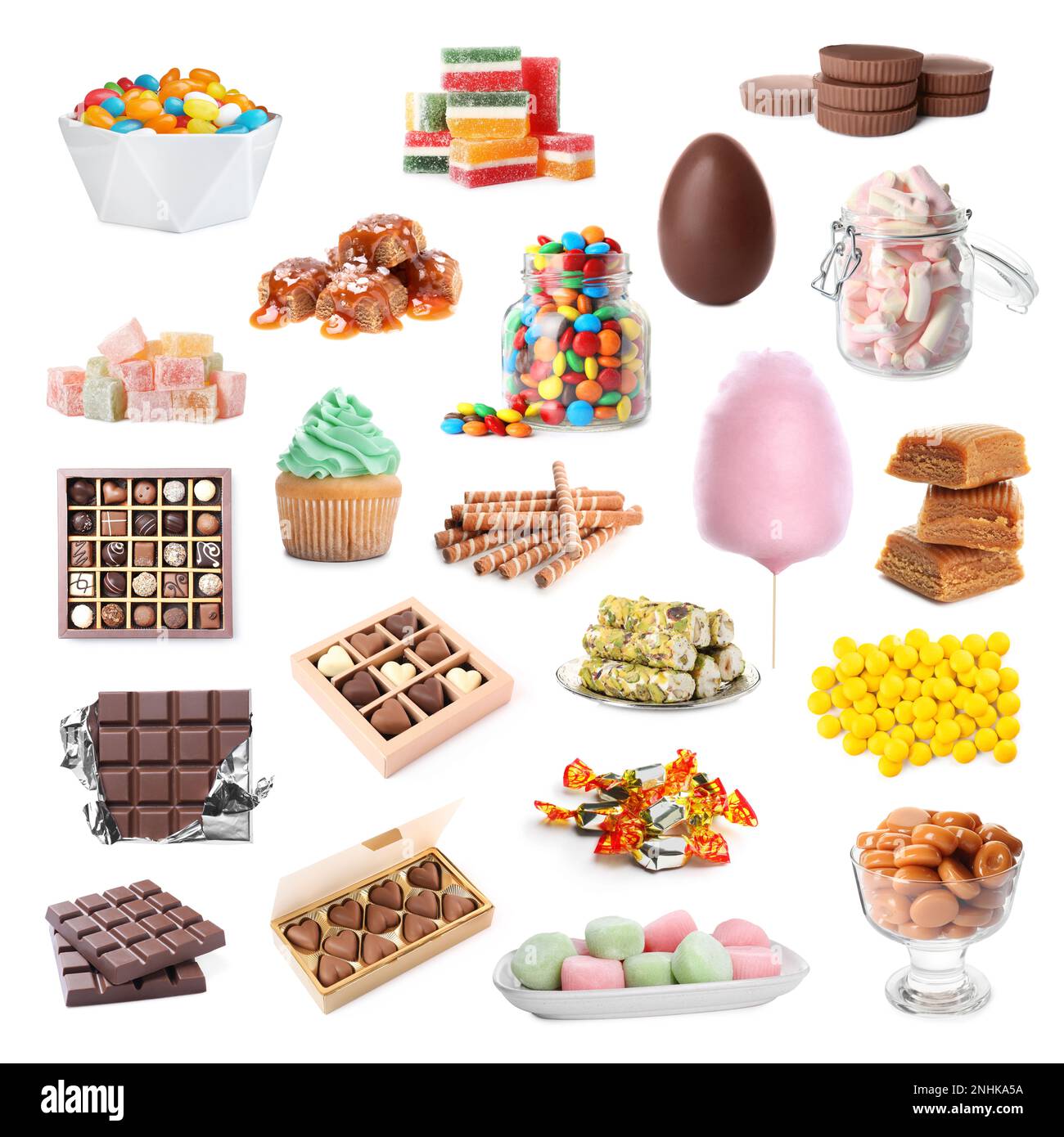 Collection of different delicious confectionery on white background ...