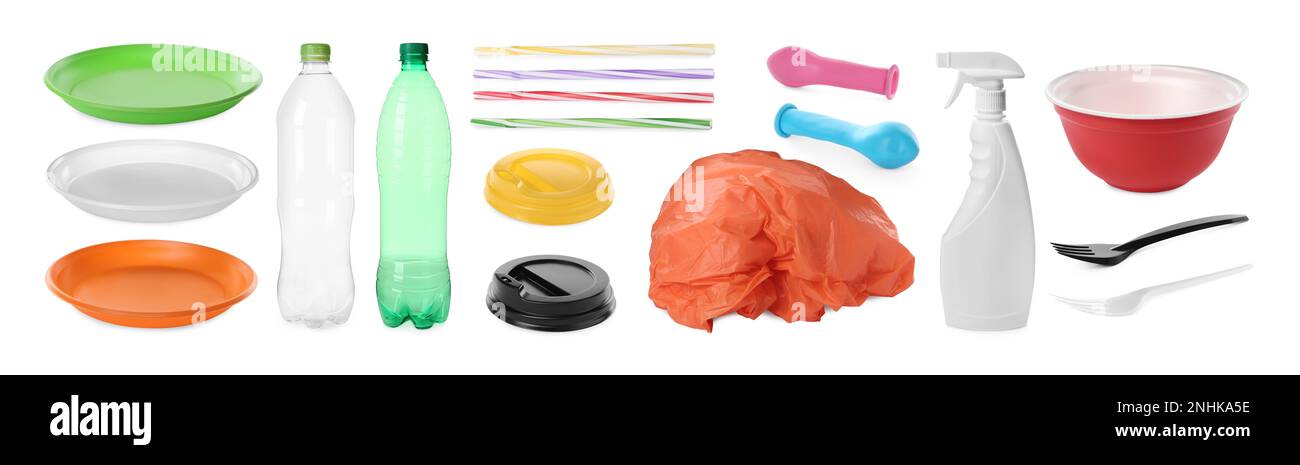 Set with different plastic items on white background. Banner design ...