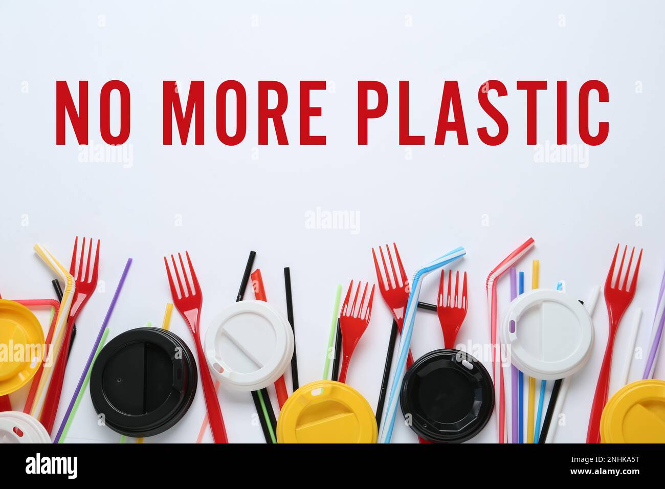 Text NO MORE PLASTIC and different disposable dishware on white ...