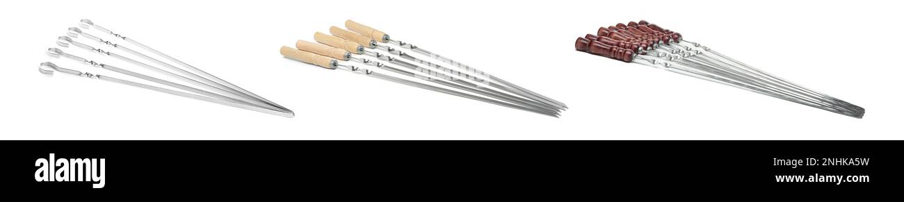 Set with metal skewers on white background. Banner design Stock Photo ...