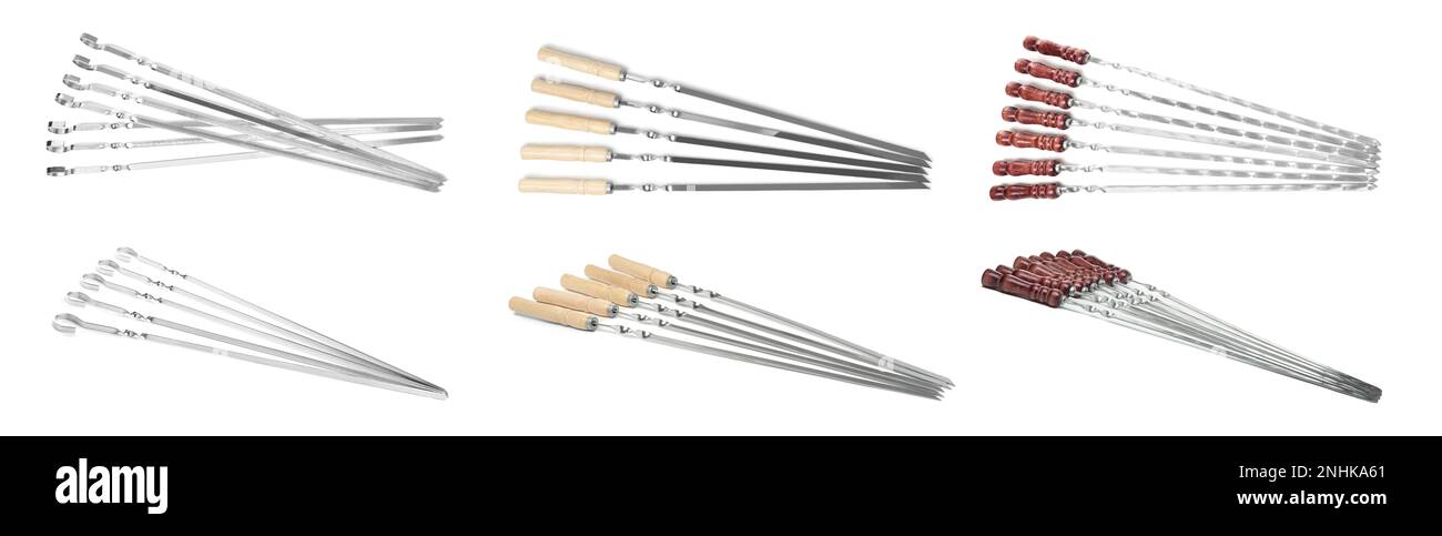 Set with metal skewers on white background. Banner design Stock Photo ...
