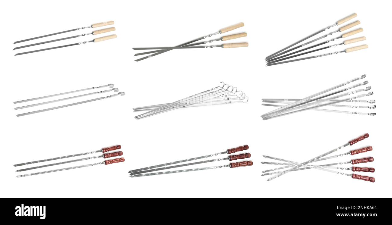 Set with metal skewers on white background. Banner design Stock Photo ...