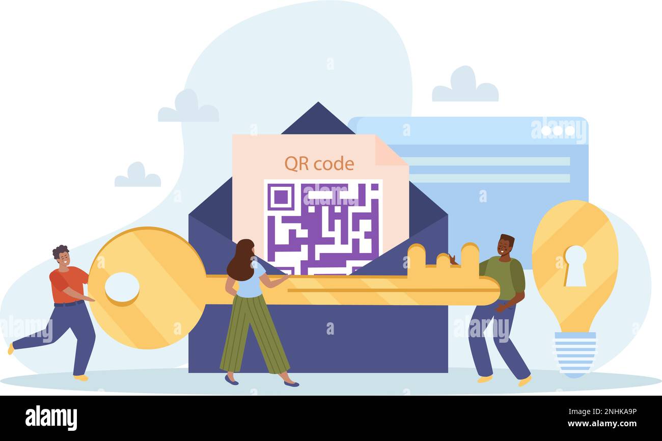 Qr code flat composition with tiny people holding key vector ...