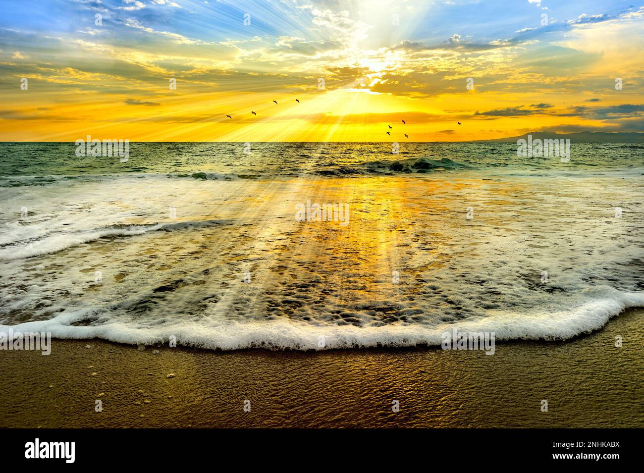 A Group Of Birds Are Flying Towards The Colorful Cloudscape Sun Ray ...
