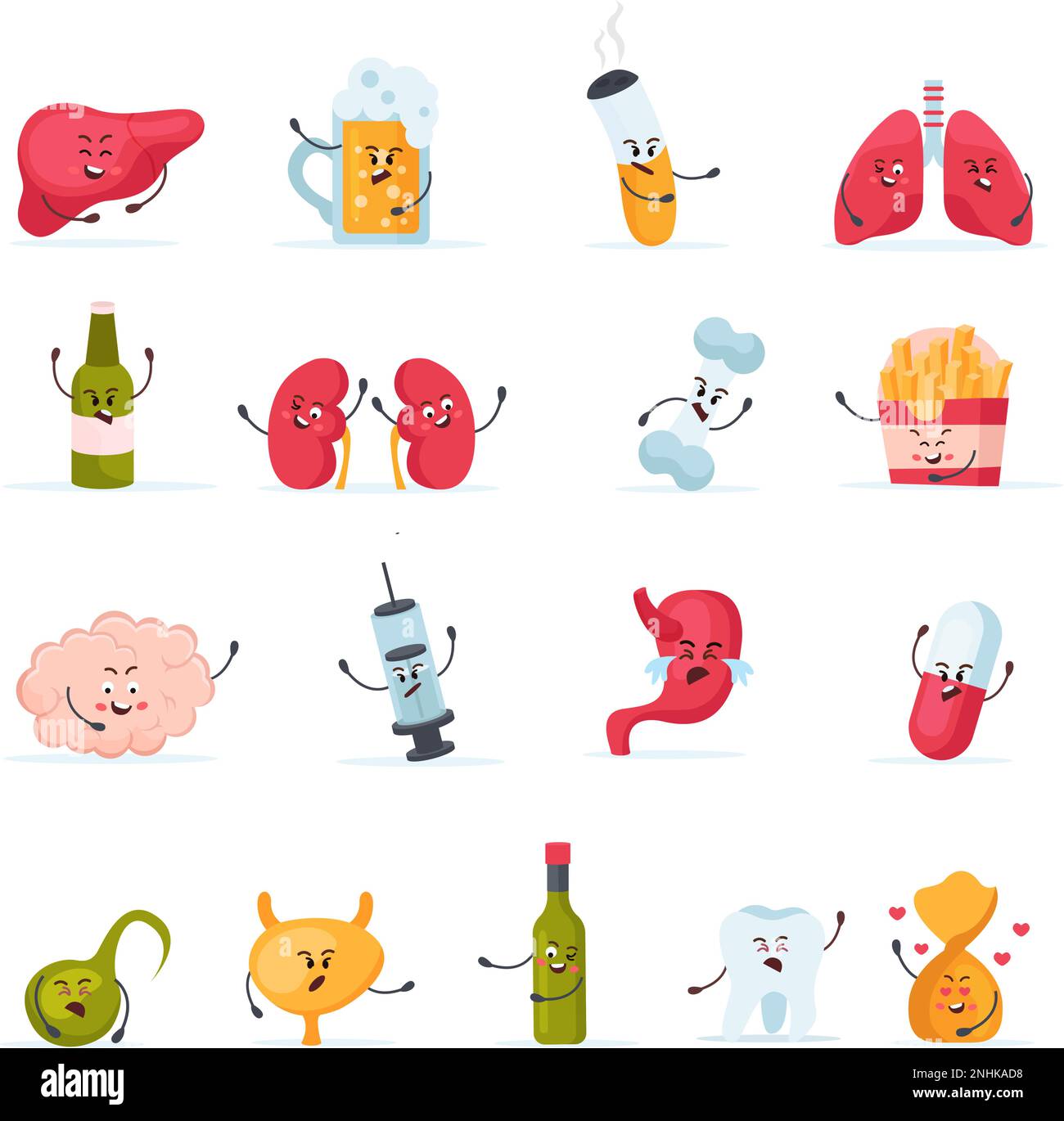 Cartoon characters of cute human organs and bad habits flat icons set ...