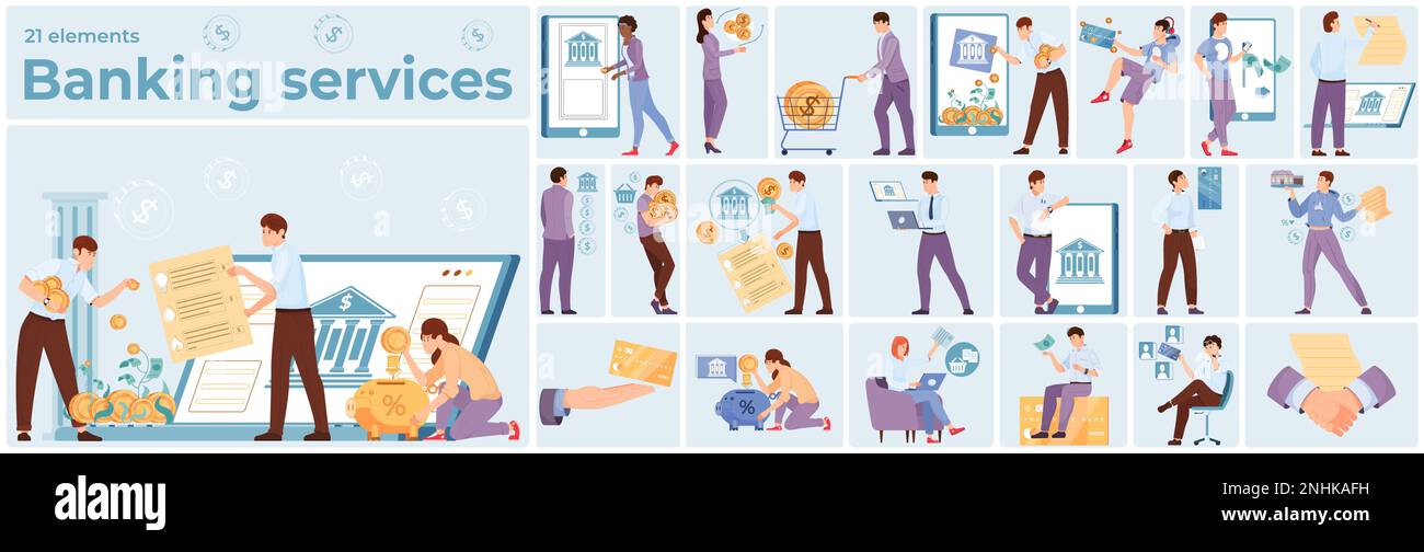 Banking services flat composition of twenty one elements with people ...