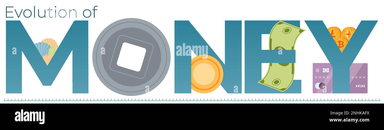 Evolution of money flat text decorated with golden coins dollar ...