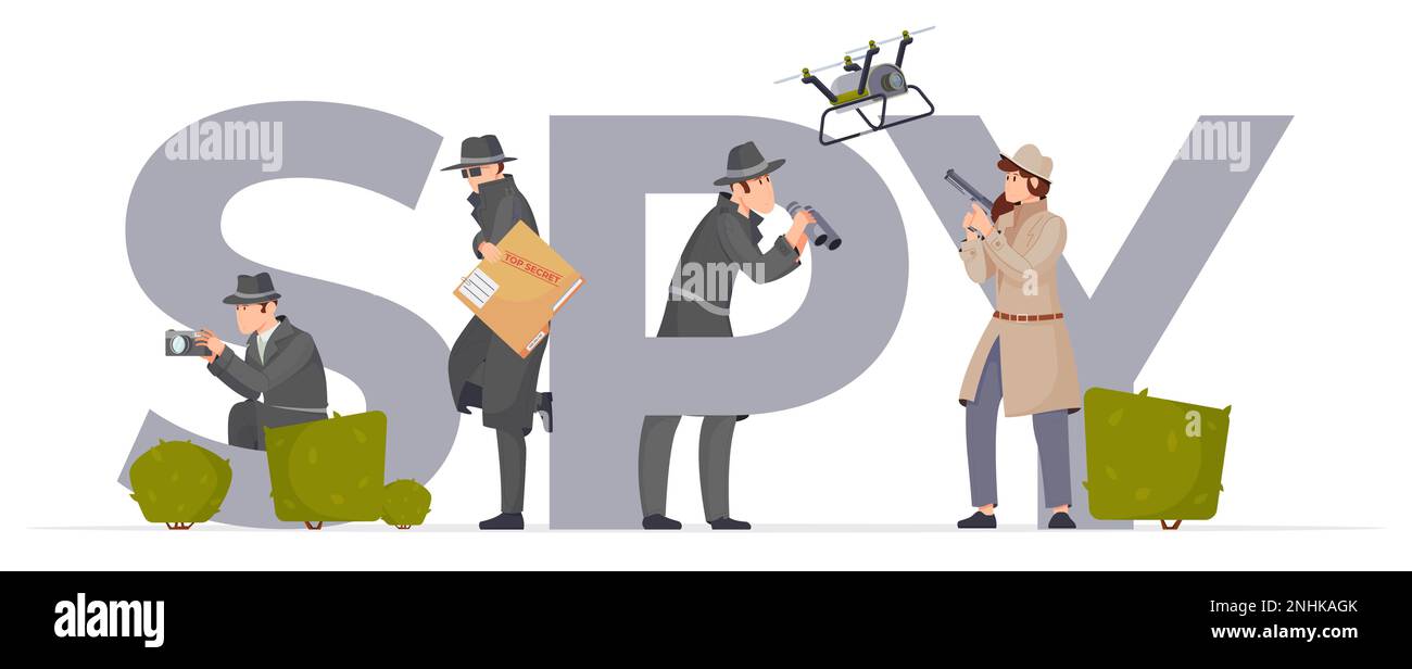 Spy flat text with big grey letters and male characters in black ...