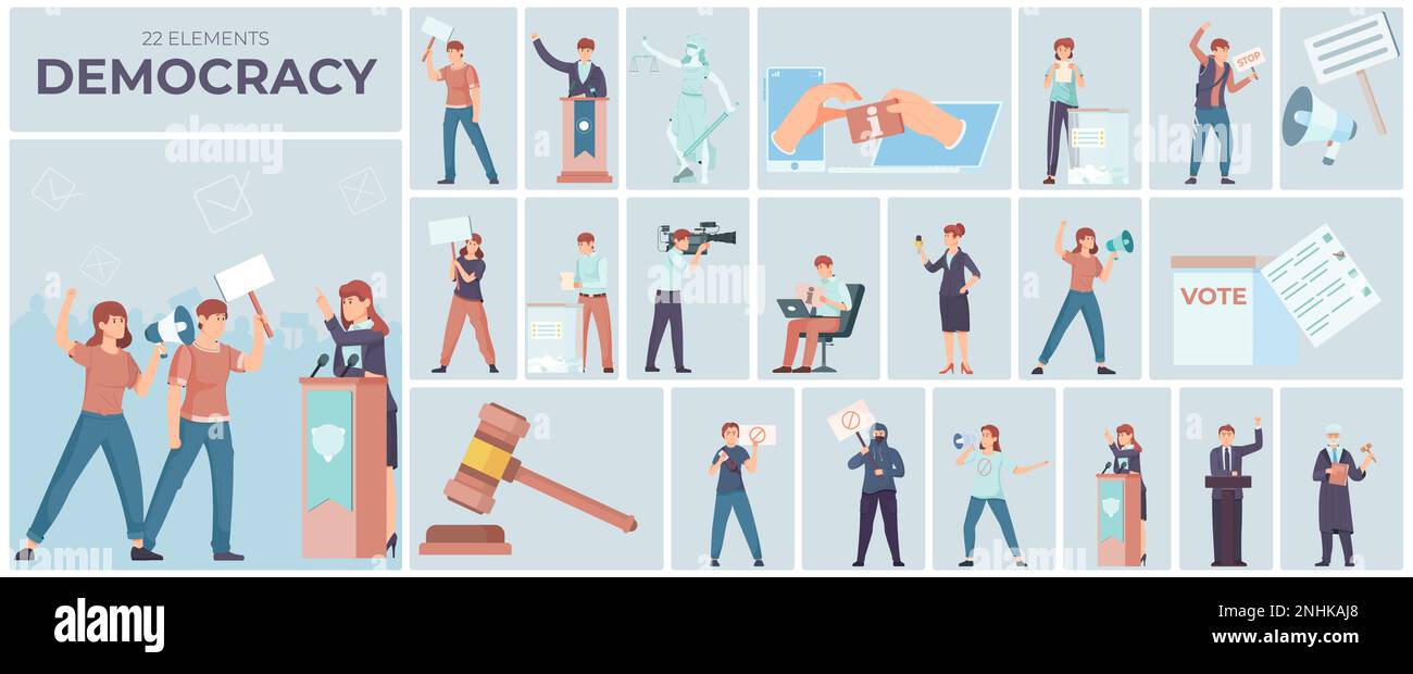 Democracy flat composition of twenty two elements with people fighting ...