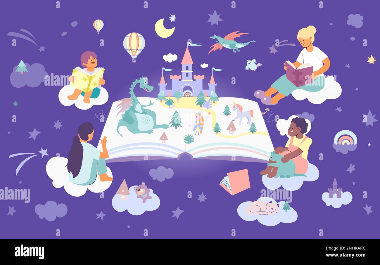 Fairy tales reading flat background with castle and fabulous character ...