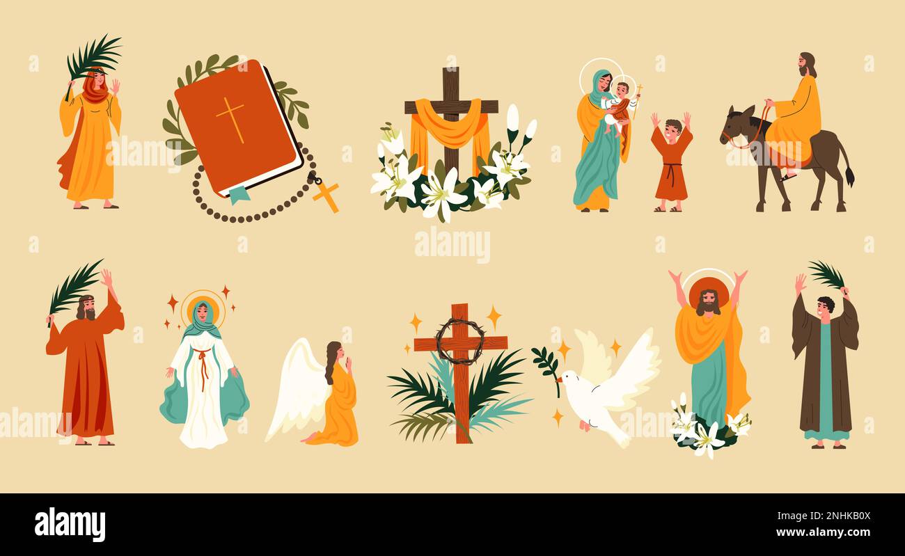 Easter holiday flat icons set with Bible scenes with Jesus Christ and angels isolated vector ...