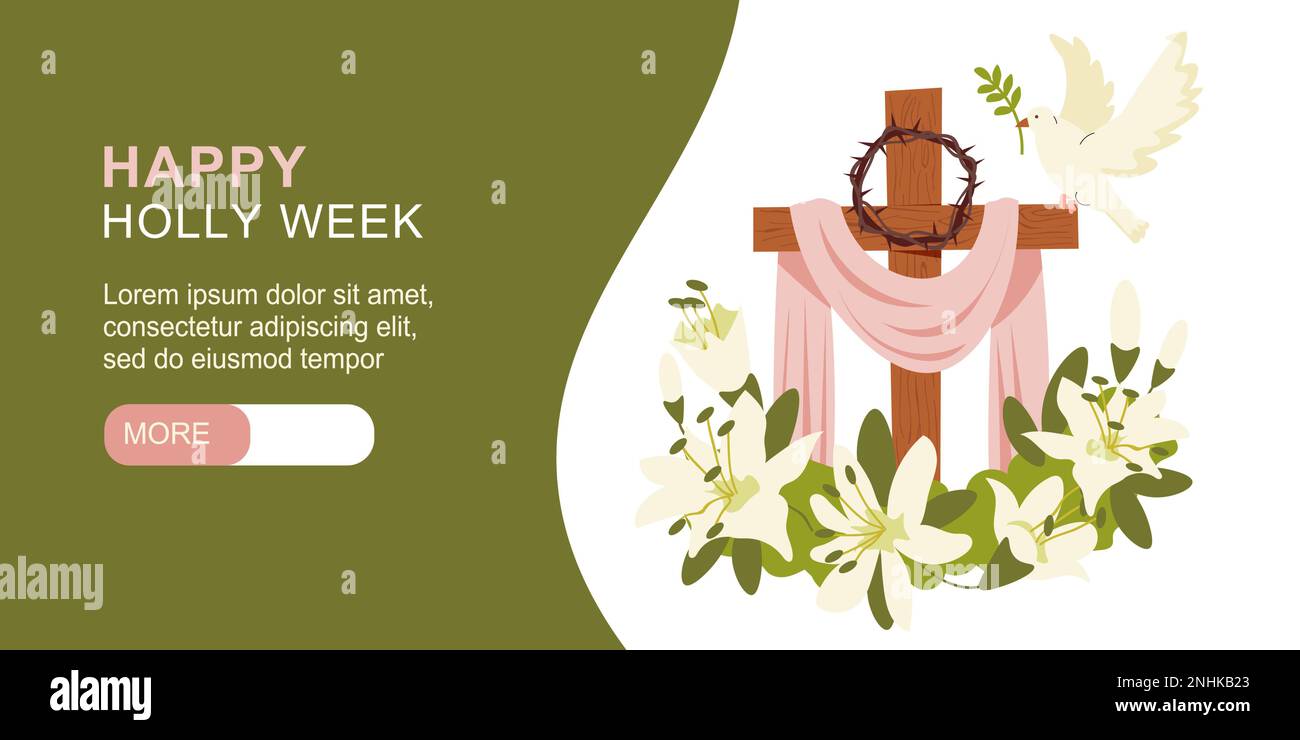 Easter horizontal banner with cross crown of thorns flowers angel and ...