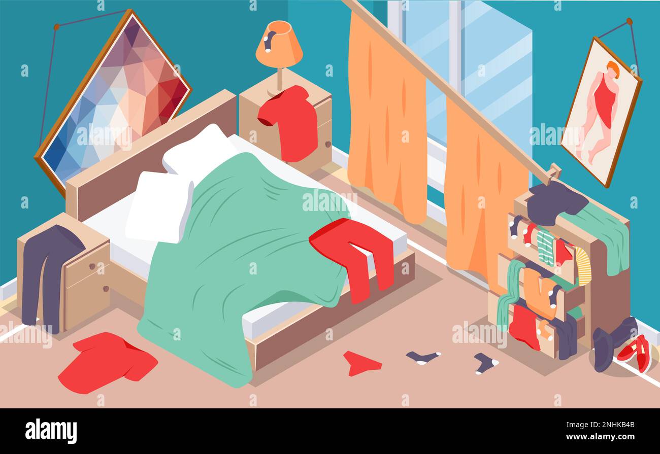 Messy room isometric background with interior and furniture symbols ...
