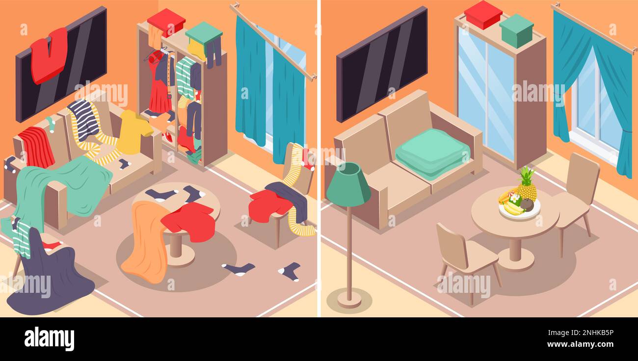 Messy room isometric set with before and after symbols isolated vector ...
