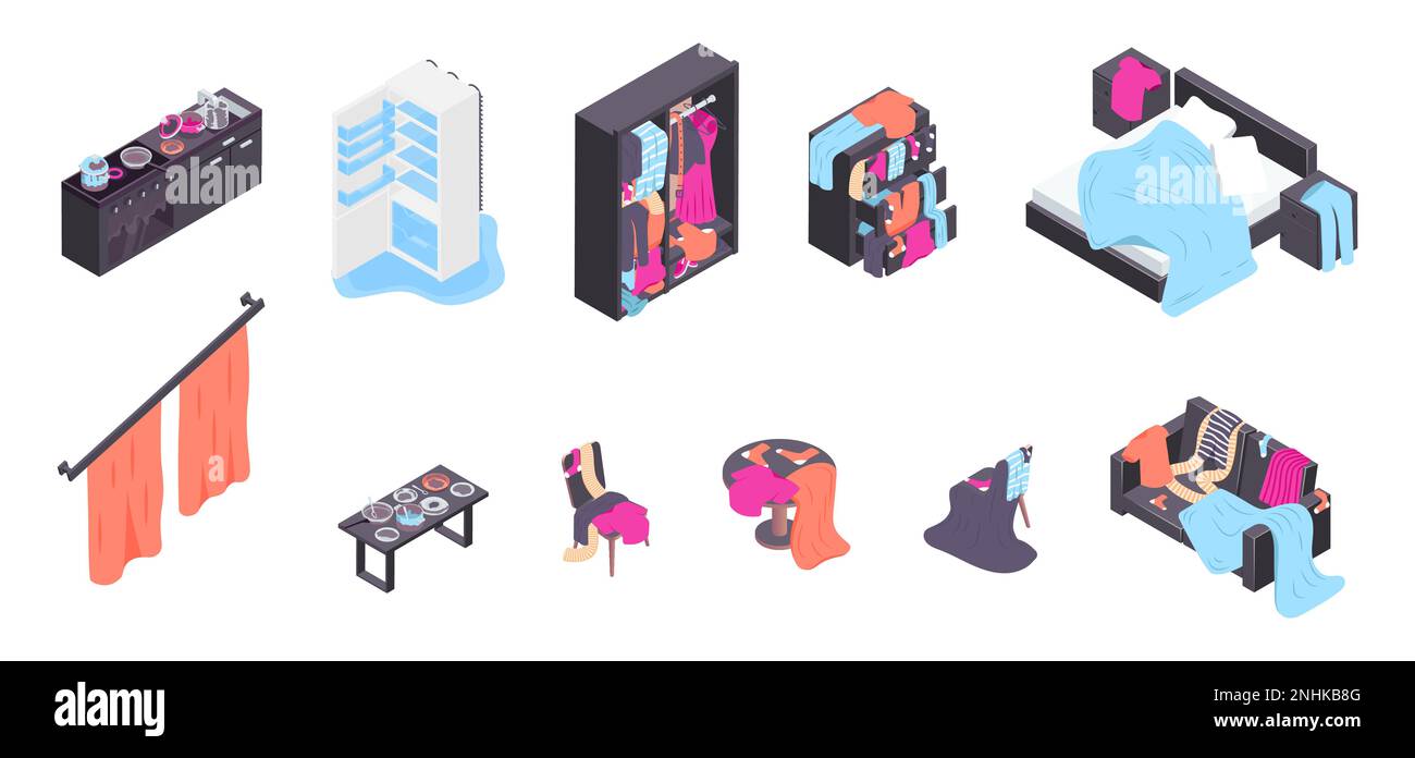 Messy room isometric icons set with interior and furniture disorder ...
