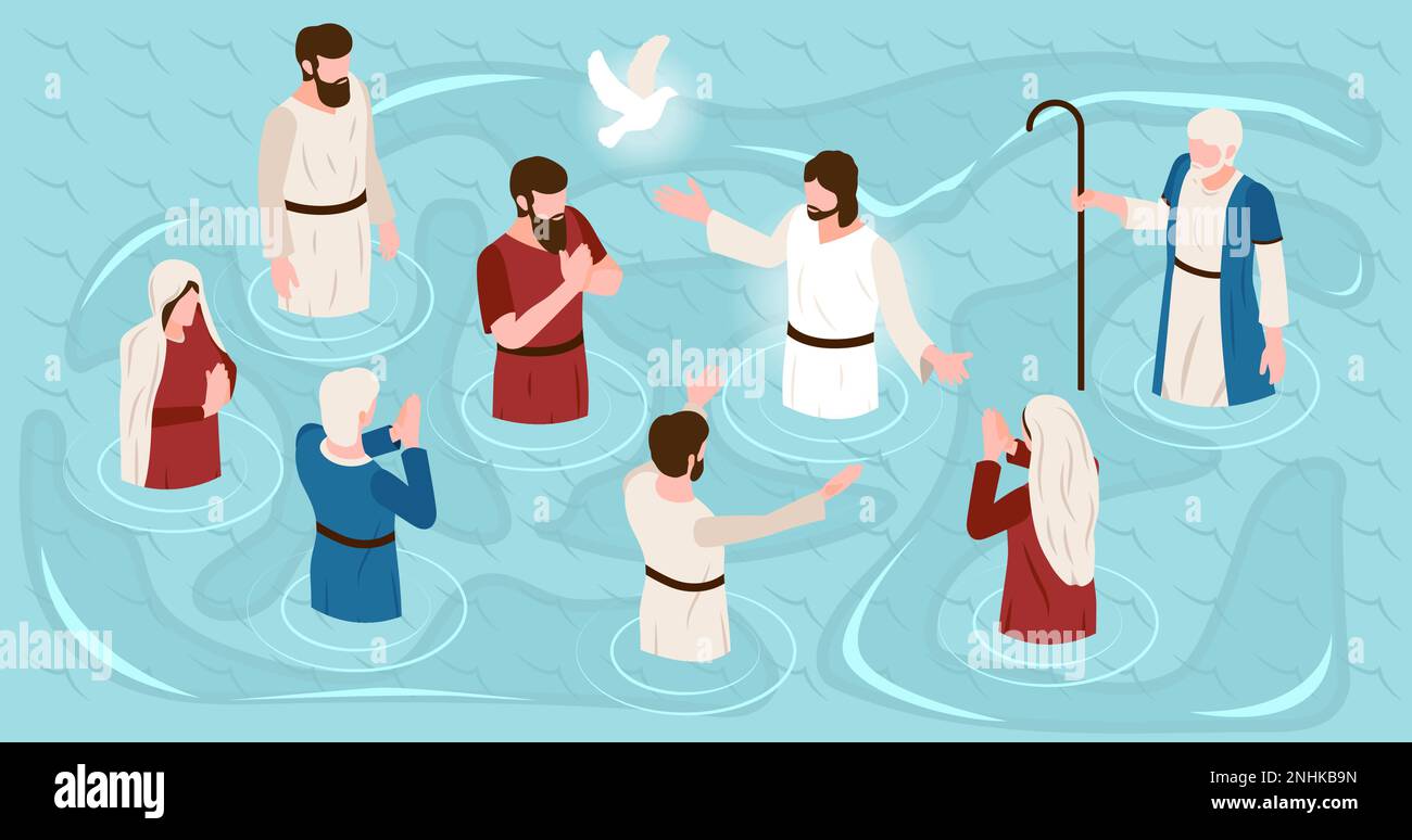 Jesus life composition with baptism and faith symbols isometric vector ...
