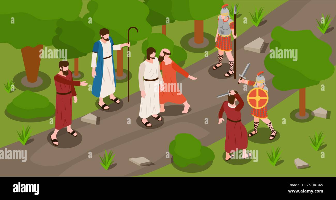 Jesus life background with Judas kiss symbols isometric vector ...