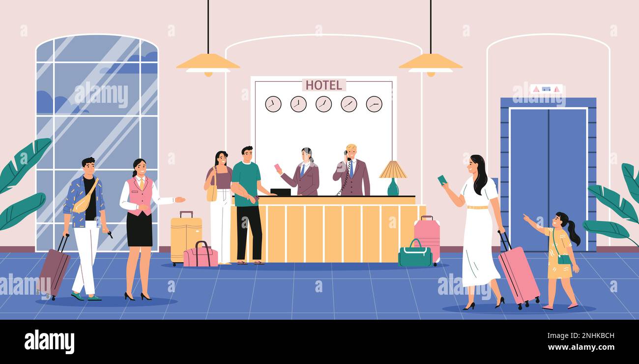 Hotel reception background with service and booking symbols flat vector ...