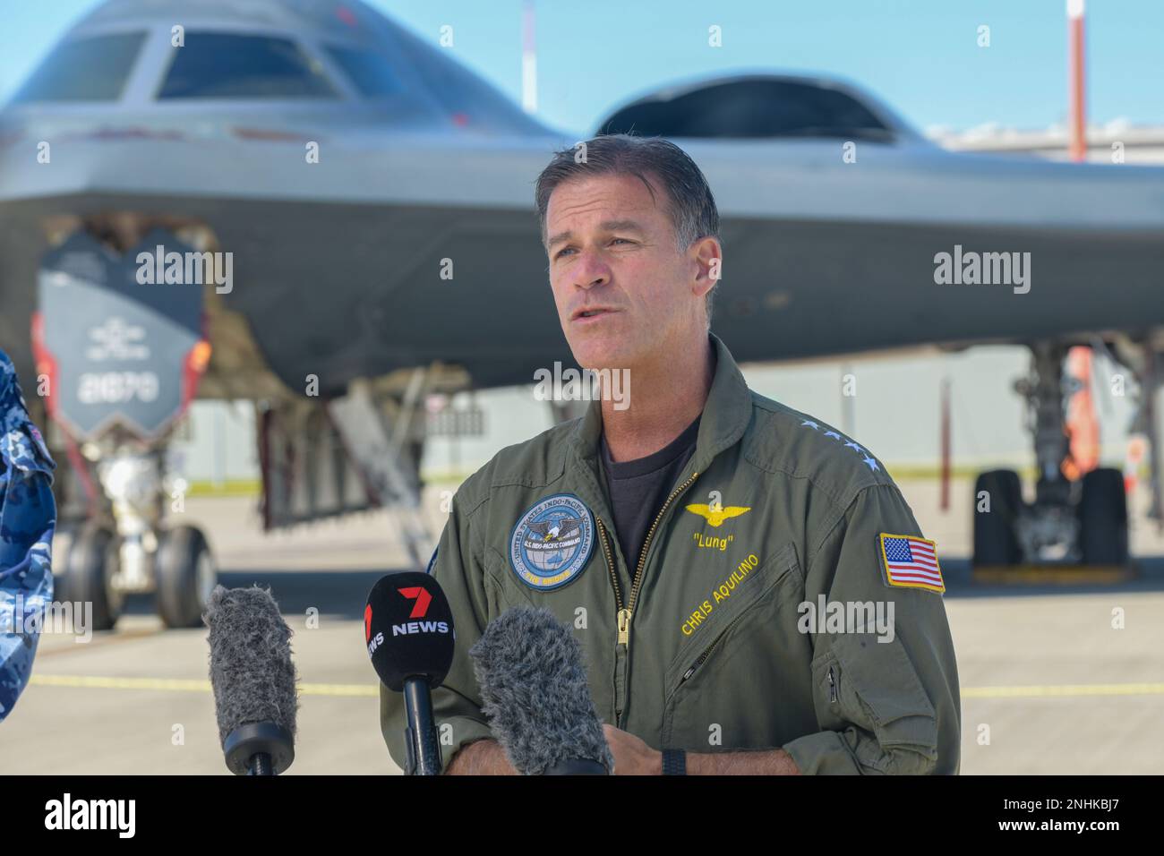 U.S. Navy Adm. John C. Aquilino, commander of U.S. Indo-Pacific Command, speaks with reporters ...