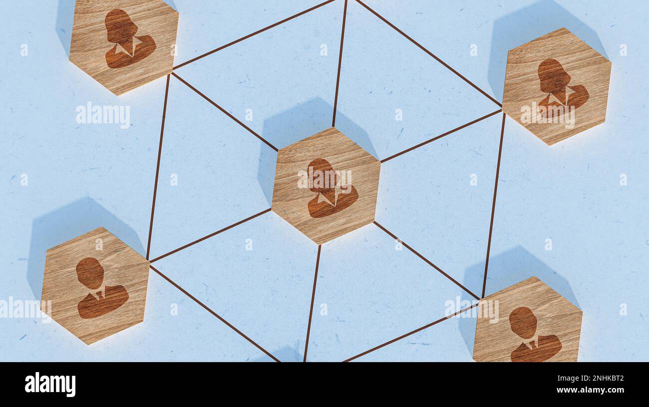 Wooden pieces representing People connected in a communication network ...