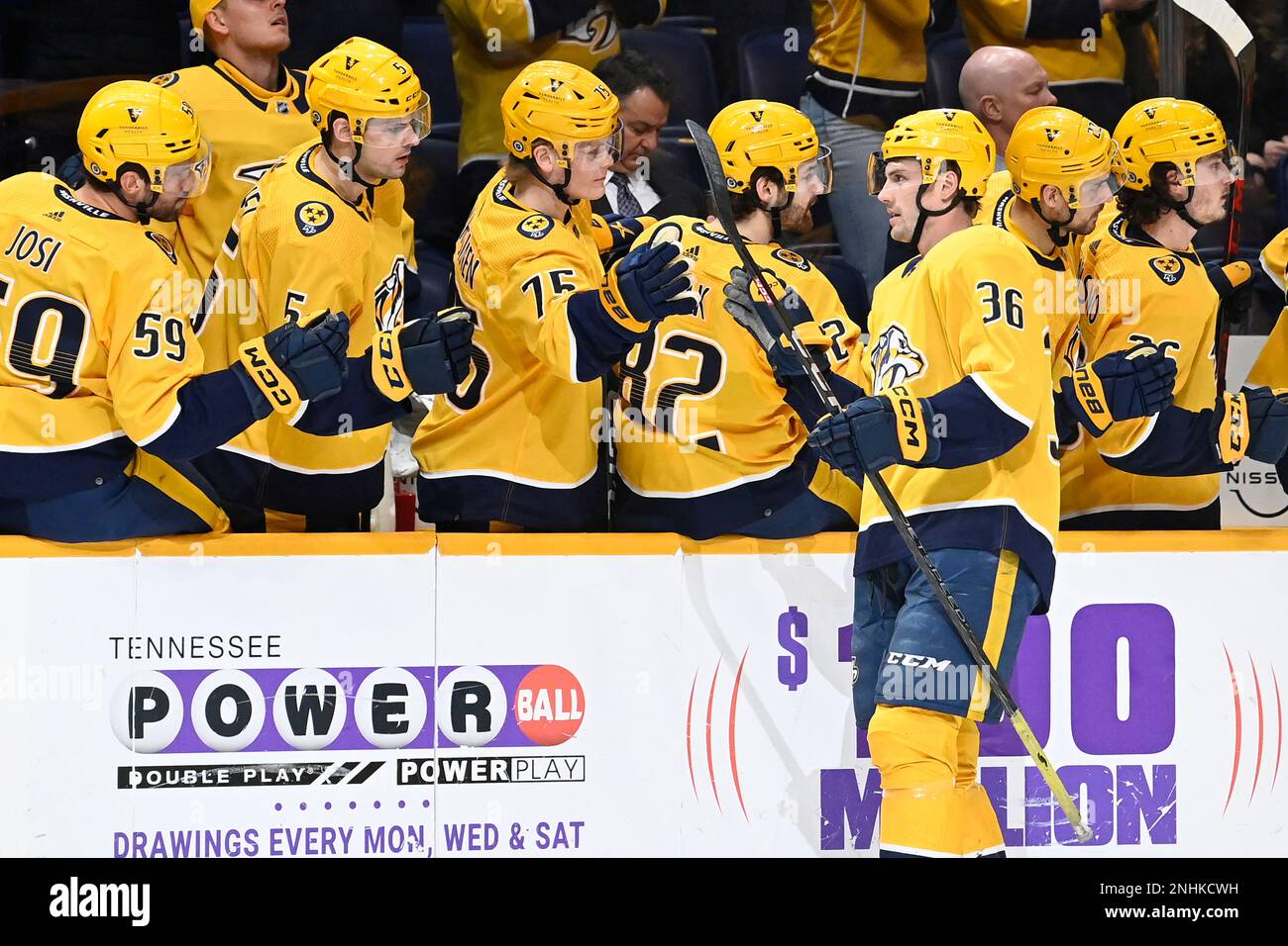 Nashville Predators left wing Cole Smith (36) is congratulated after ...