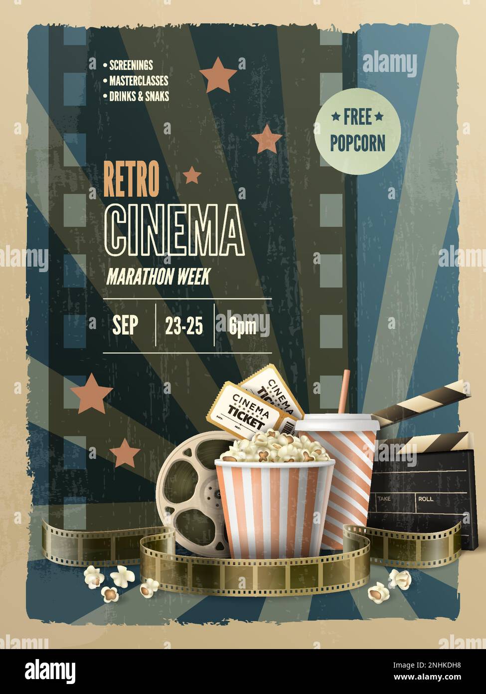 Retro cinema marathon week vertical poster with bucket of popcorn and ...