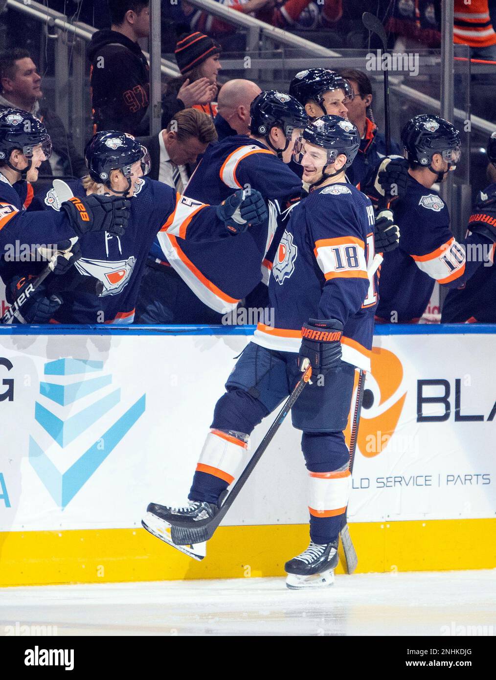 Edmonton Oilers' Zach Hyman (18) celebrates his goal against the St ...