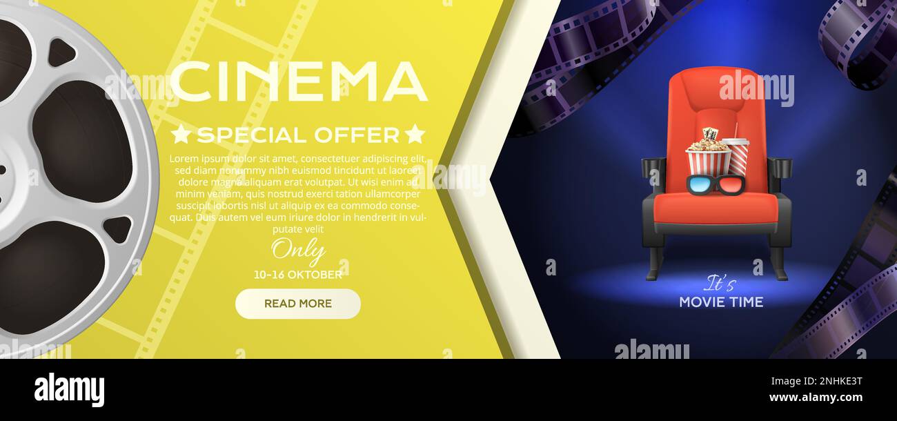 Cinema movie time horizontal banner template with popcorn and 3d ...