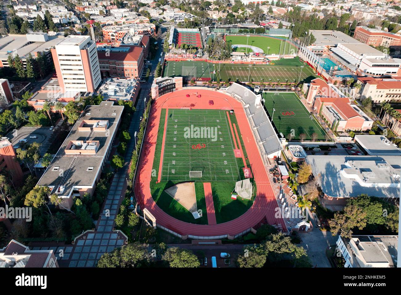 A general overall aerial view of Cromwell Field, Loker Track Stadium ...