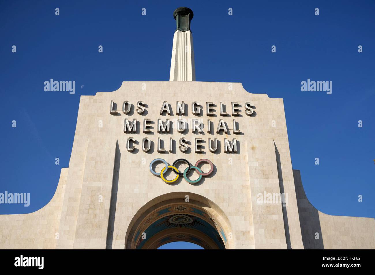 Olympic rings at the Los Angeles Memorial Colisuem peristyle and ...