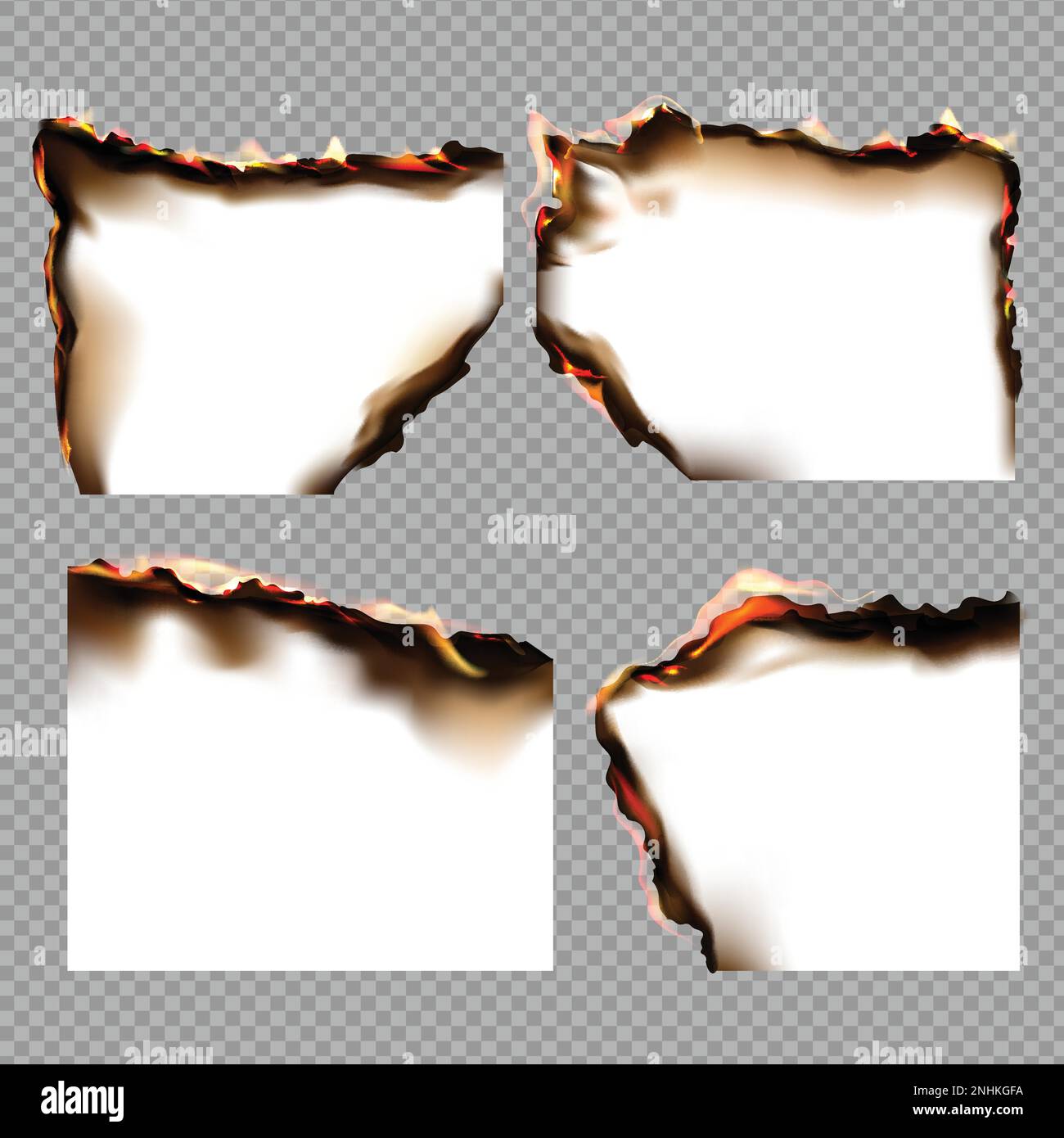 Realistic burnt papers icon set four burnt pieces of white paper on ...